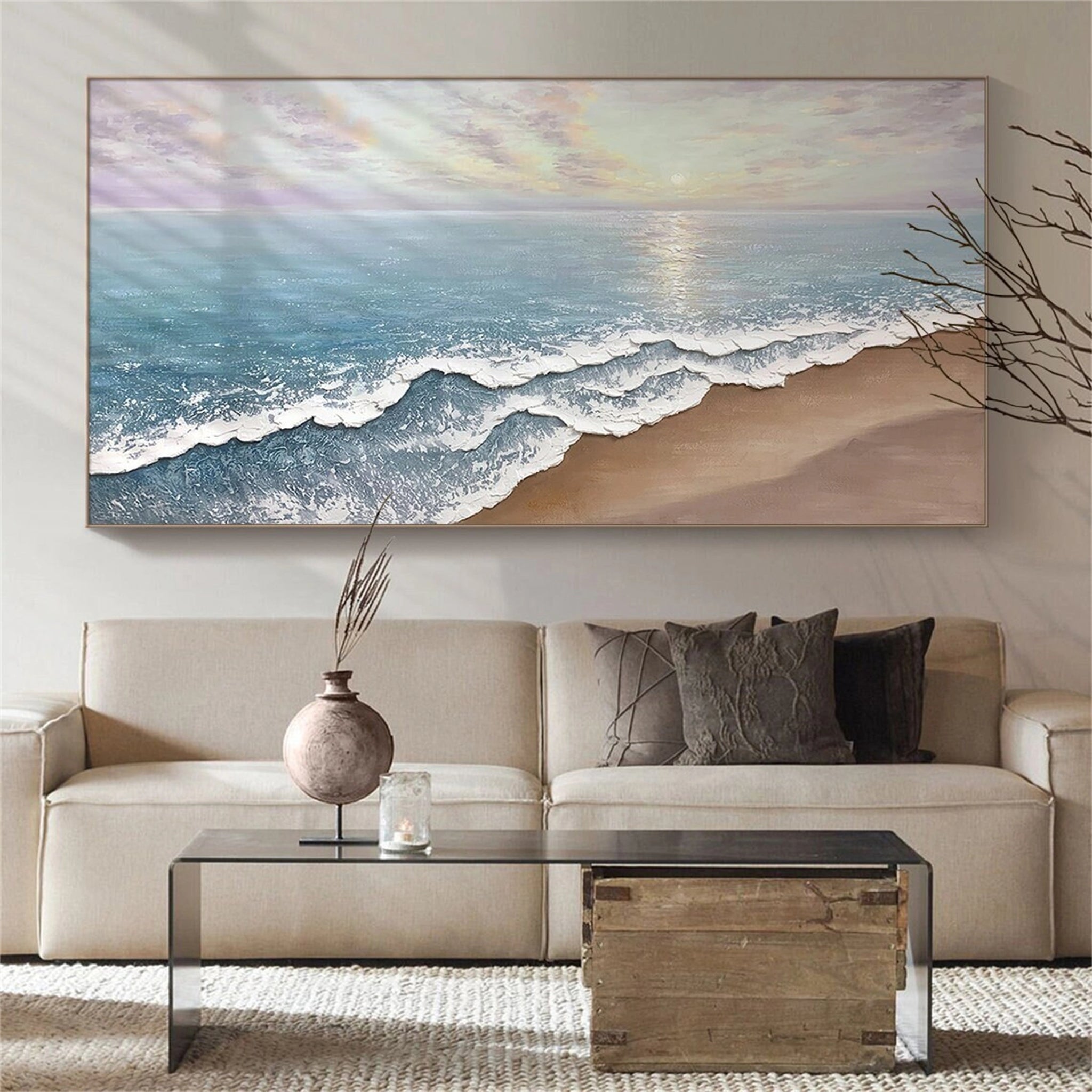 Original blue sea abstract art sea plane art oil painting large wall ...